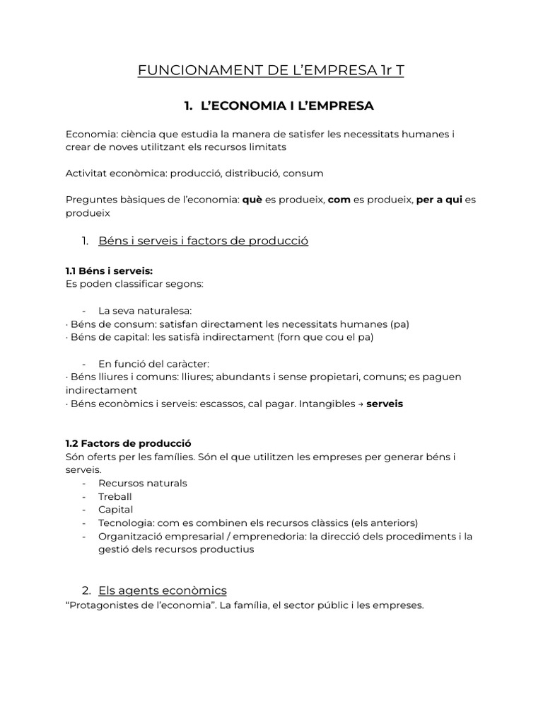 Funcionament de l’Empresa 1r t | PDF