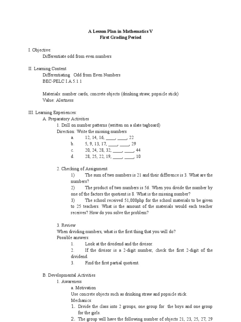 A Lesson Plan in Mathematics V | PDF | Lesson Plan | Division (Mathematics)