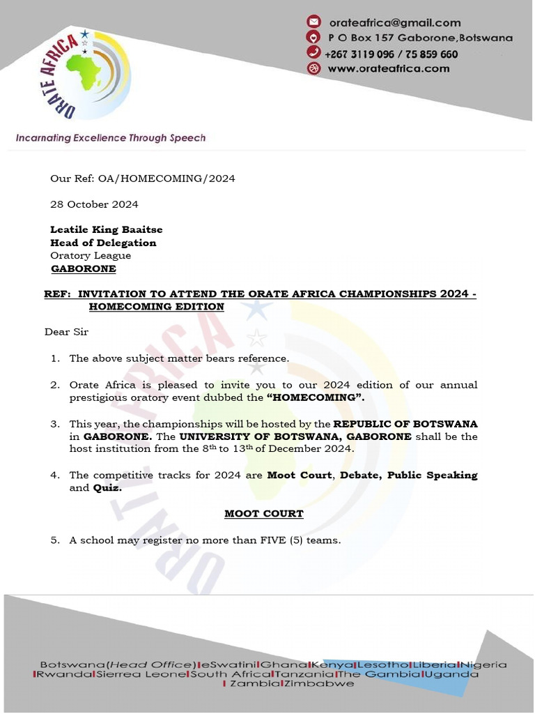 Oratory League - Invite to Orate Africa Homecoming 2024 (1) | PDF