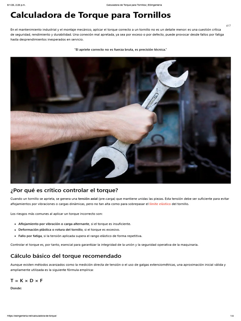 Calculadora de Torque para Tornillos | PDF | Tornillo | Mecánica de sólidos