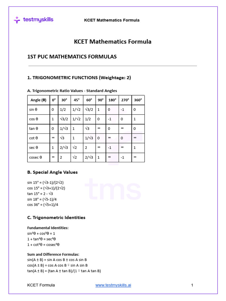 KCET Mathematics Formulas Guide | PDF | Mathematical Objects ...