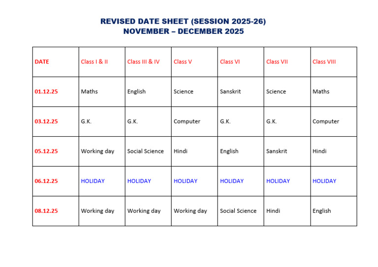 2025-26 Revised Date Sheet for Classes | PDF
