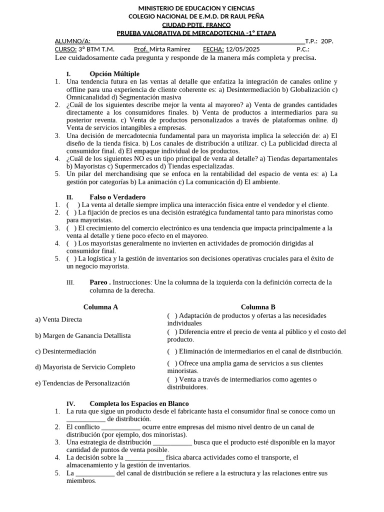 Prueba de Mercadotecnia 3º BTM T.M. | PDF | Marketing | Producto (Negocio)