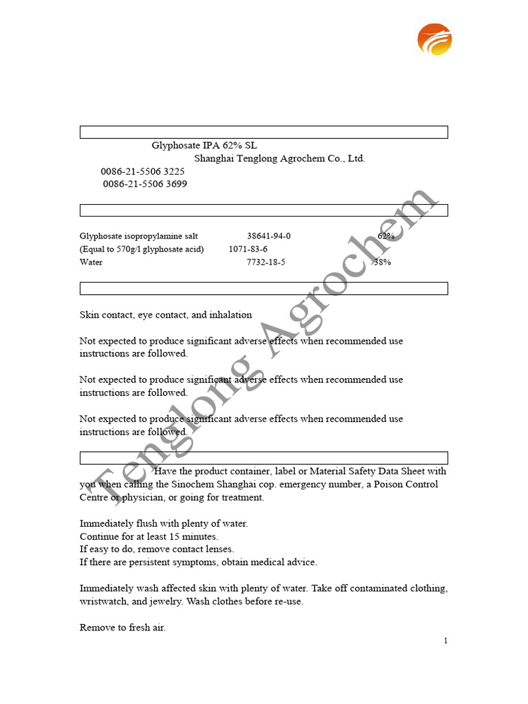 Glyphosate IPA 62% SL Safety Data Sheet | PDF | Toxicity | Water