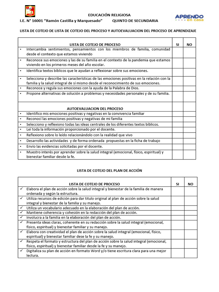 5to Insturmento. Lista de Cotejo | PDF | Las emociones | Bienestar