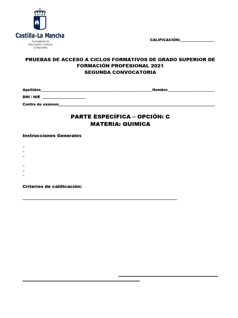 Examen Grado Superior Parte Especifica Opcion C Quimica Conv 2 | PDF ...