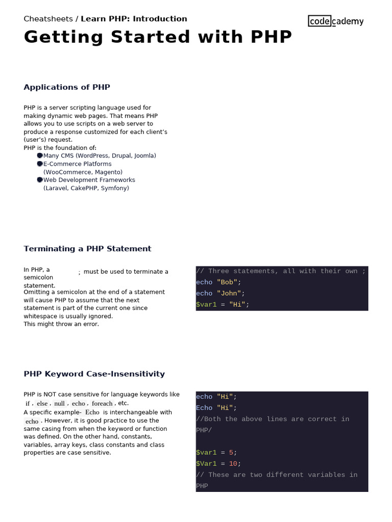 Learn PHP_ Introduction_ Getting Started With PHP Cheatsheet _ Codecademy | PDF | Php | Dynamic ...