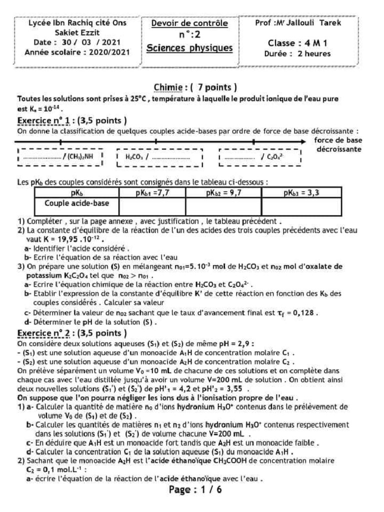 Devoir Corrige Ph Rlc Forcé Et Libre 2021 Mr Tarek Jallouli | PDF