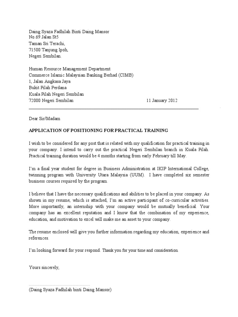 Practical Training Application Letter | PDF | Career & Growth