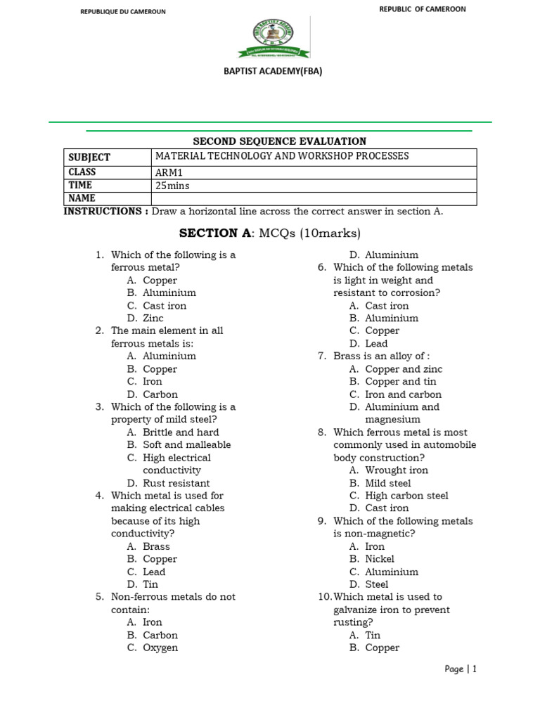 Material Technology and Workshop Processes 2nd Sequence FBA MM | PDF ...