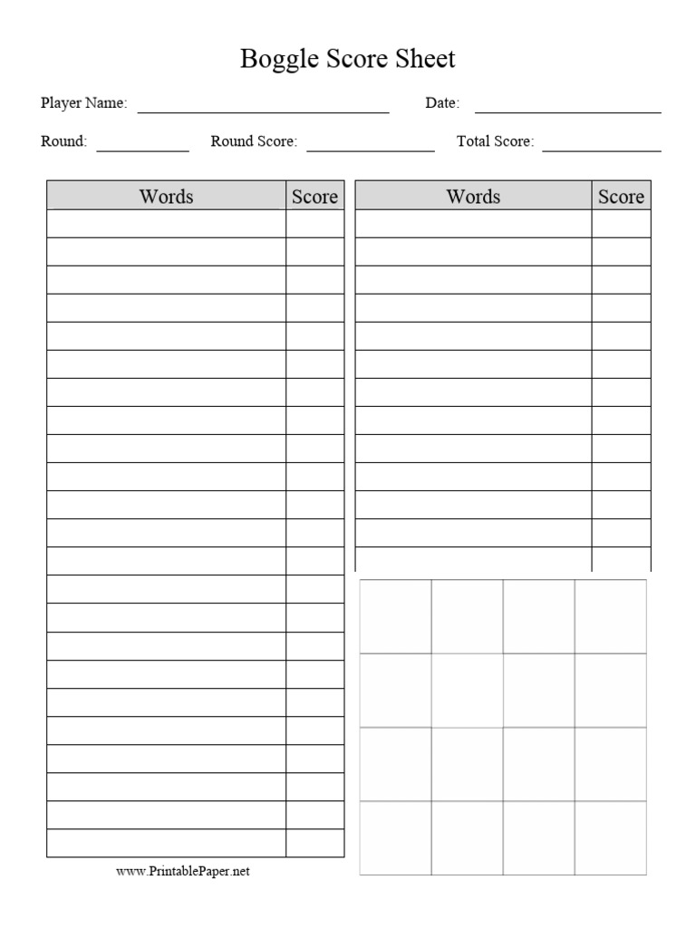 Boggle Score Sheet | PDF