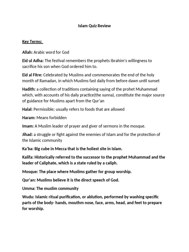 Islam Quiz Review for highschool | PDF | Sunni Islam | Mosque