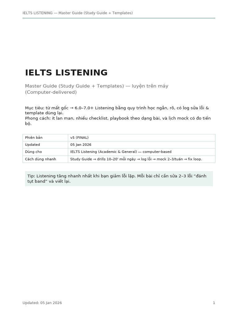 IELTS LISTENING Master Guide StudyGuide Templates v6 05jan2026 TOCFIX | PDF