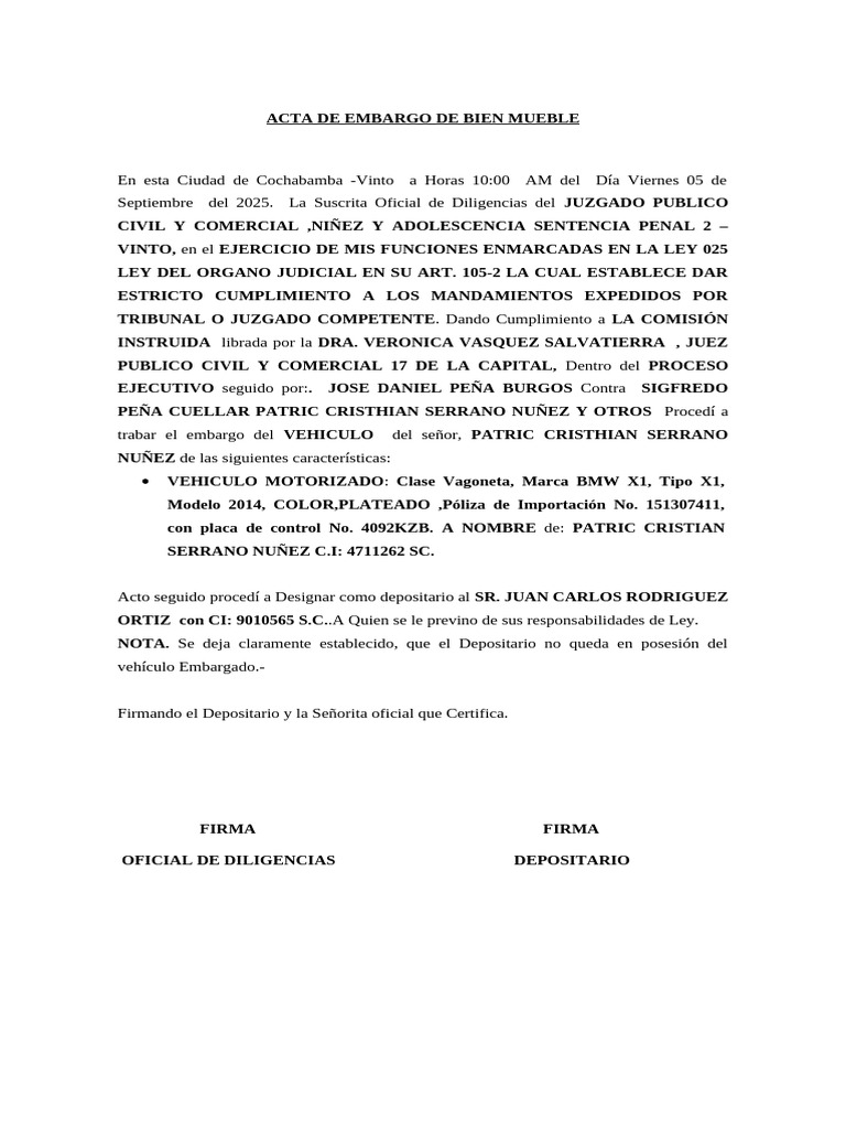 Acta de Embargo de Vehículo en Vinto | PDF