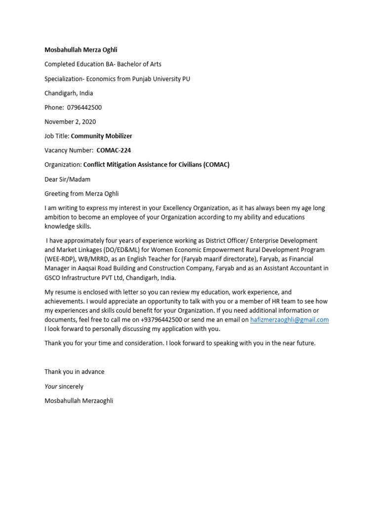 Community Mobilizer Application Letter | PDF