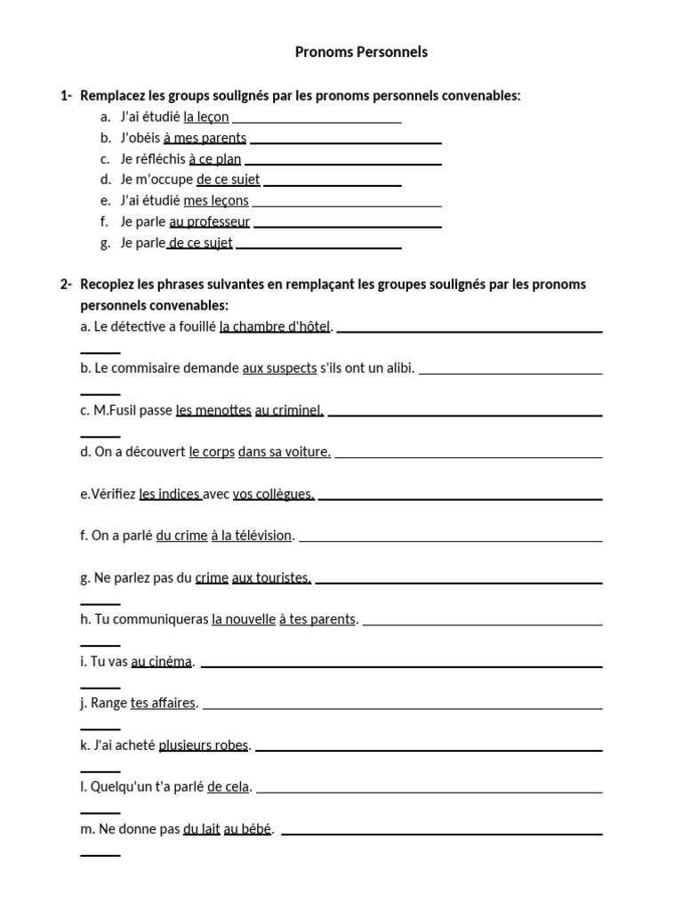 Exercices sur les pronoms personnels | PDF