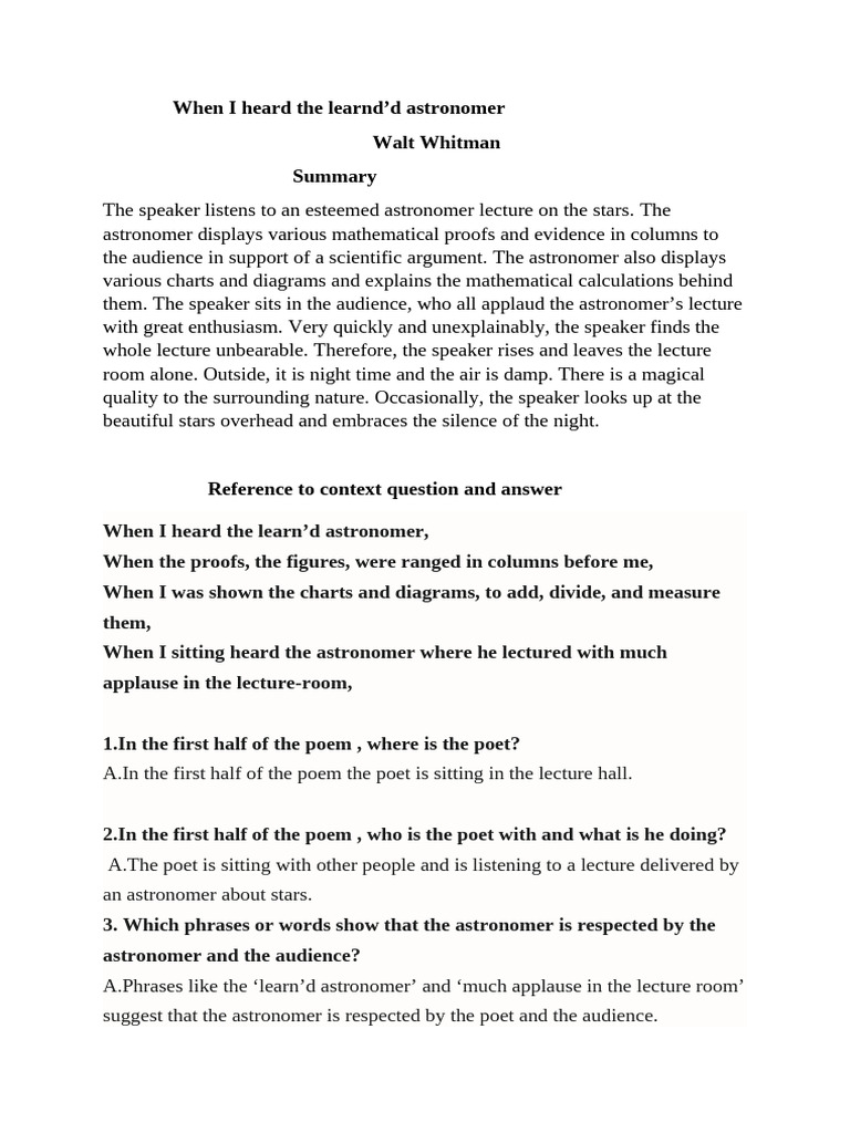 Whitman's "Learn'd Astronomer" Analysis | PDF | Leaves Of Grass