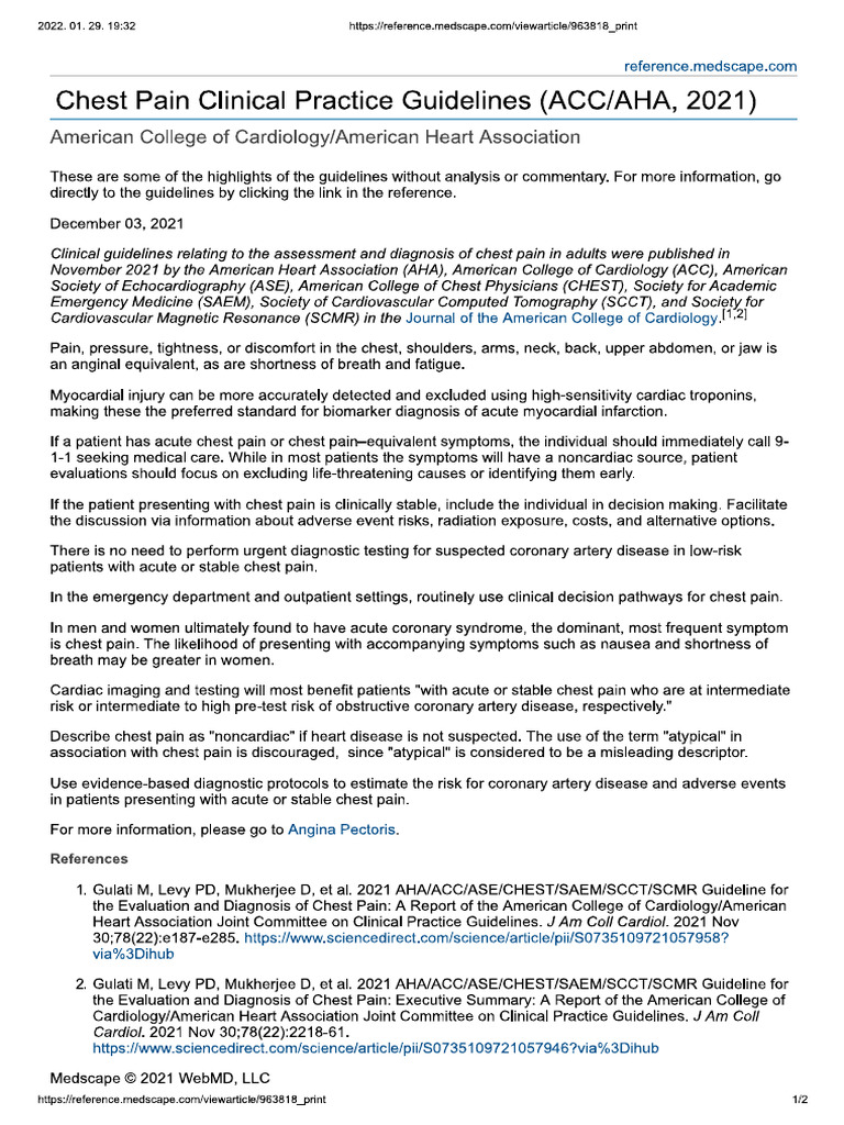 Chest Pain Clinical Practice Guidelines ACC--AHA, 2021 | PDF