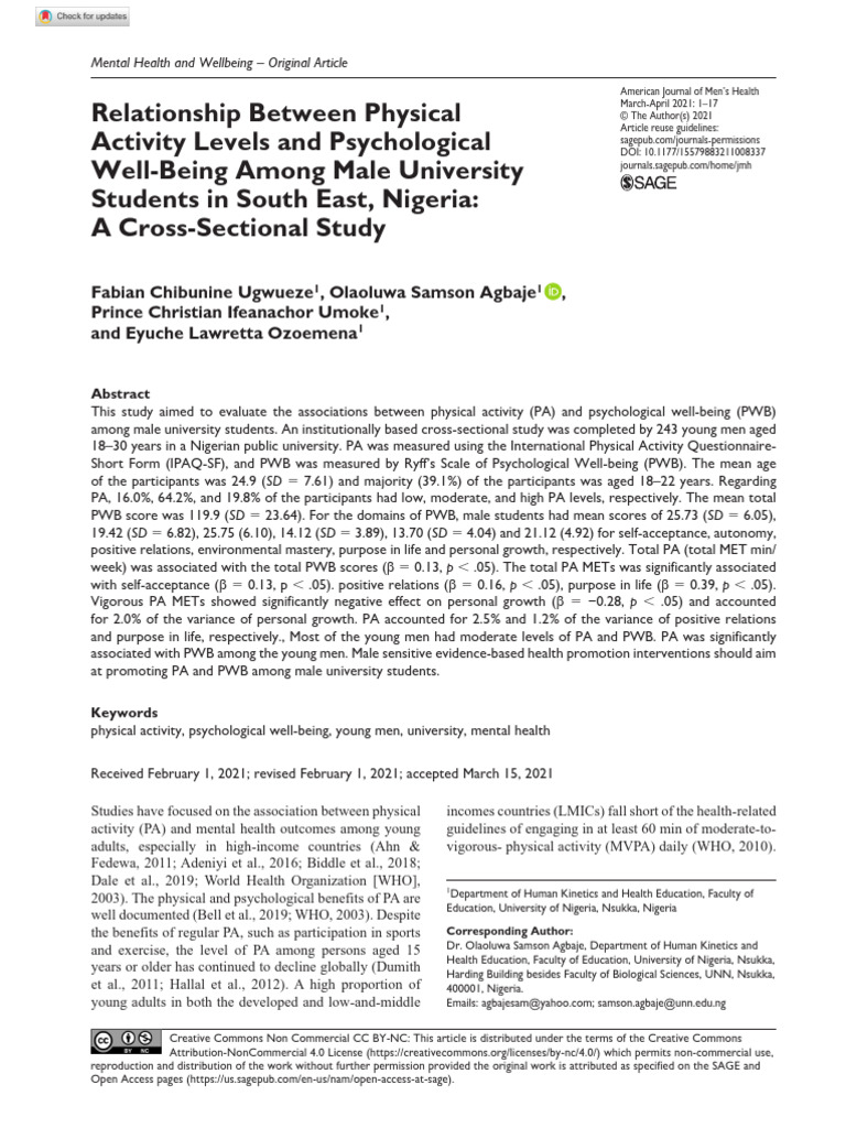 Ugwueze Et Al 2021 Relationship Between Physical Activity Levels and ...
