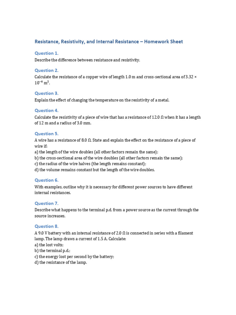 Resistance and Resistivity Homework Guide | PDF