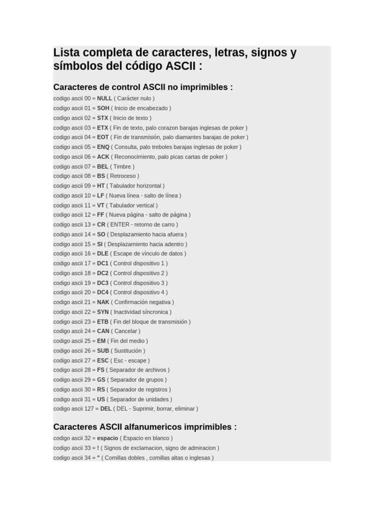Lista Completa de Caracteres | PDF | Ascii | Grafemas