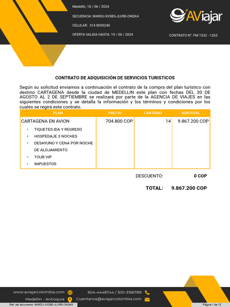 Fm 1532 - 1263 Contrato de Viaje - Aviajar Colombia Sas y Cliente | PDF ...