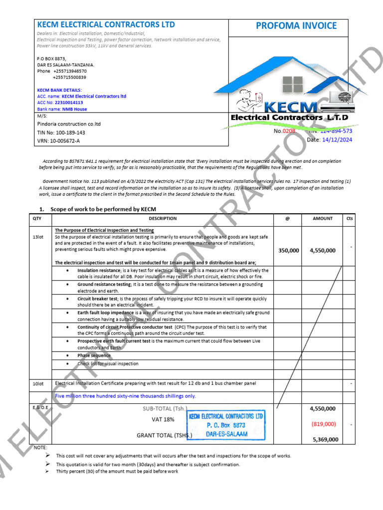 Pindoria Constr. Invoice | PDF | Electrical Wiring | Electricity
