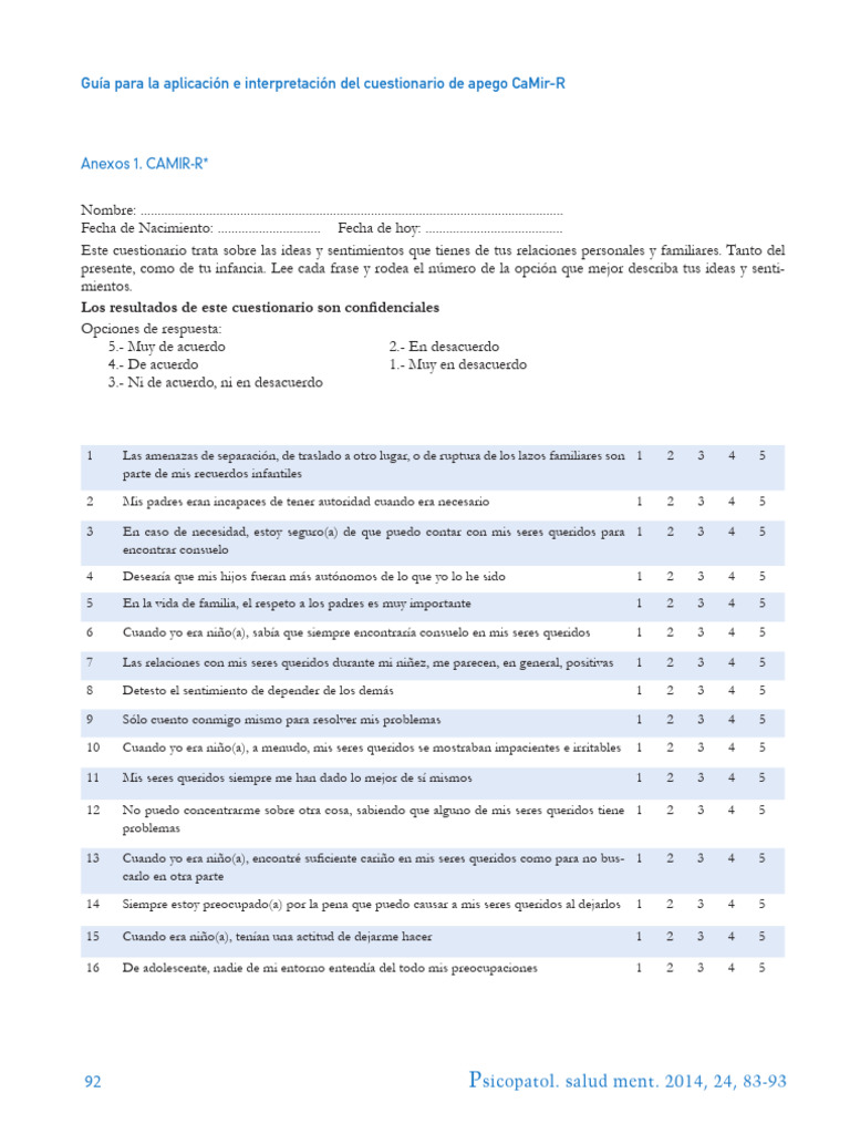 Cuestionario de Apego CaMir-R | PDF | Ciencias del comportamiento