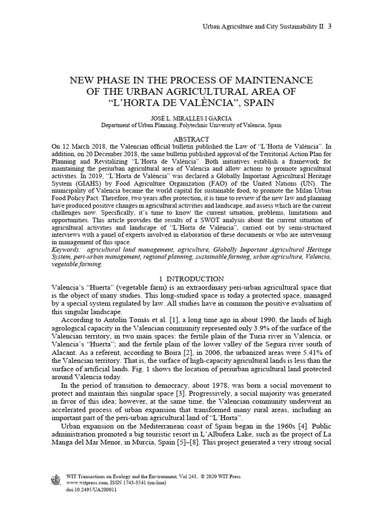 NEW PHASE IN THE PROCESS OF MAINTENANCE OF THE URBAN AGRICULTURAL AREA ...