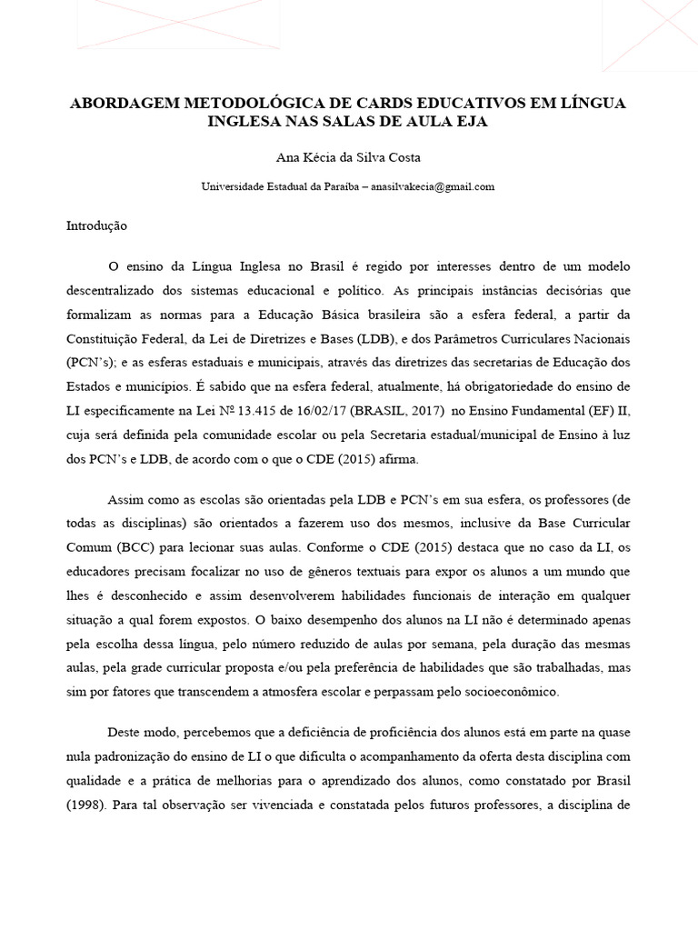 ABORDAGEM DE CARDS EDUCATIVOS EM LÍNGUA INGLESA EM SALA DE AULA | PDF | Aprendizado | Gramática