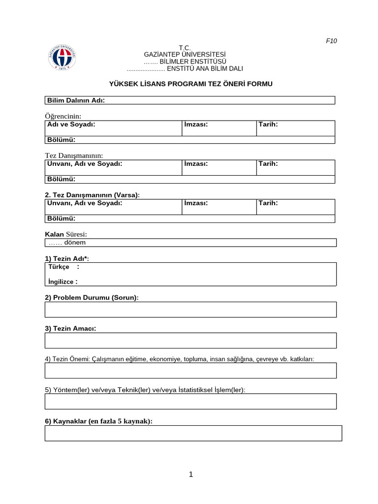 Tezli Yl Tez Oneri Formu Turkce f10trdoc6729(1) | PDF