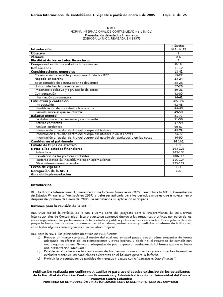 NORMA INTERNACIONAL DE CONTABILIDAD 1 | PDF | Estado financiero | Contabilidad