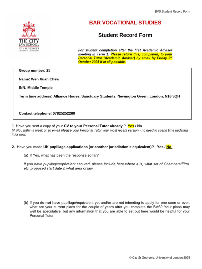 BVS Student Record Form Submission | PDF