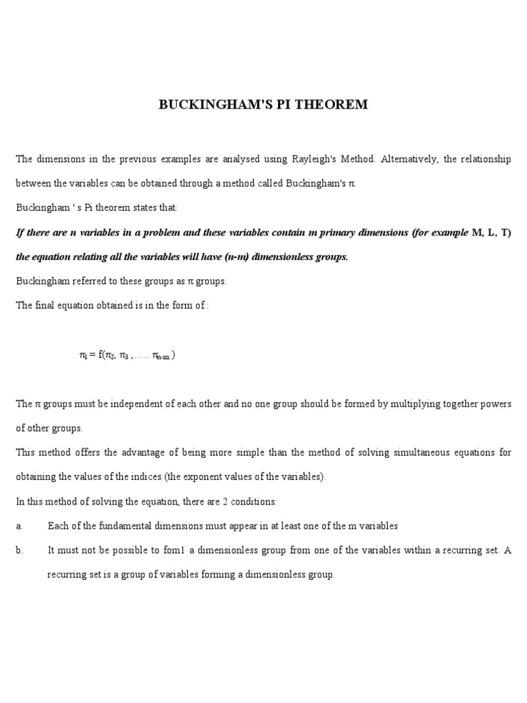 Buckingham's Pi Theorem | PDF | Mathematical Analysis | Teaching ...