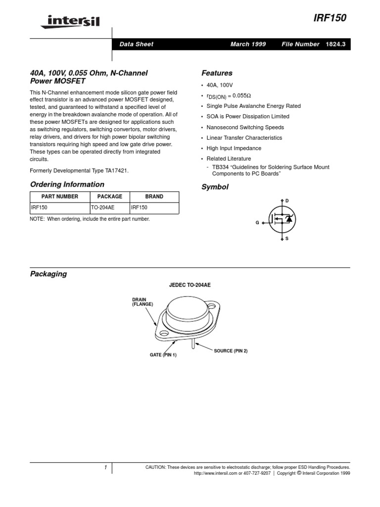 IRF150 Power Mosfet For PWM Regulation | PDF | Field Effect Transistor ...