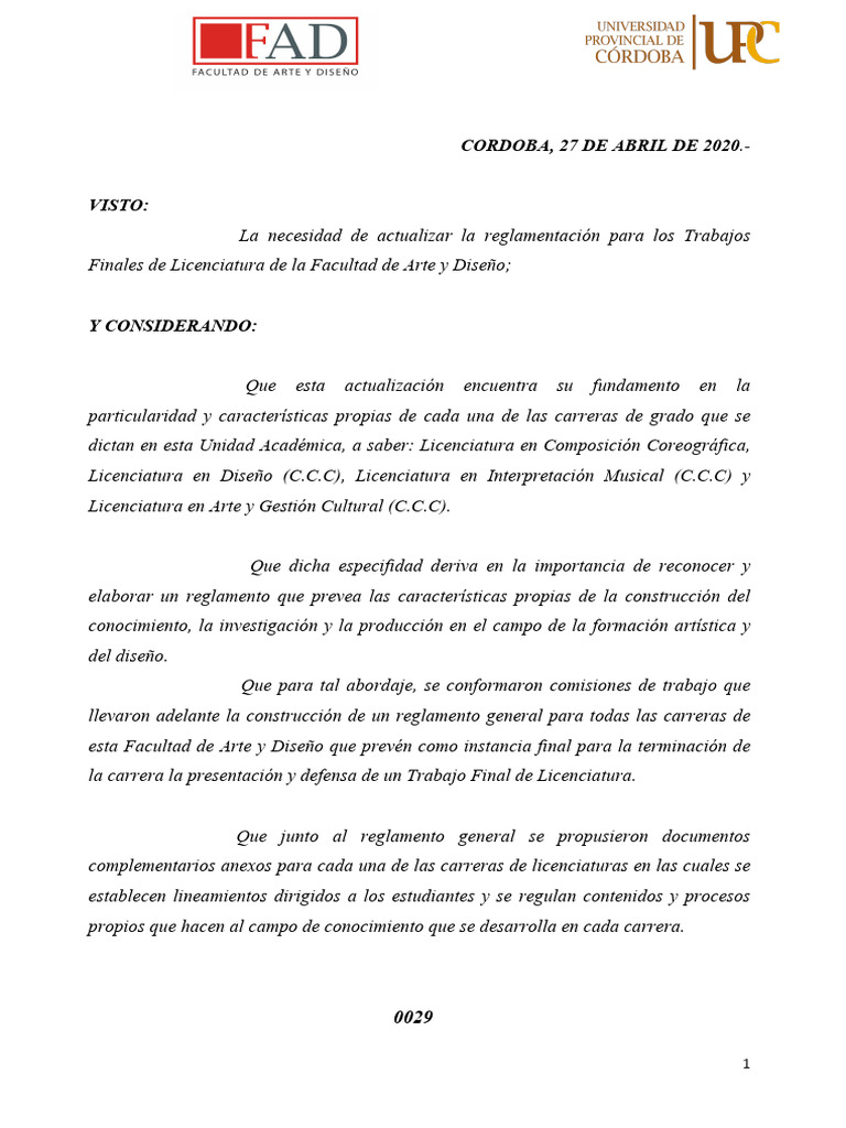 RESOLUCION 029-2020 RESOLUCIÓN DE REGLAMENTO DE TFL (1) (1) | PDF ...
