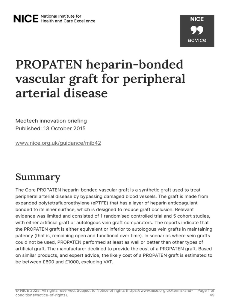 Propaten Heparinbonded Vascular Graft for Peripheral Arterial Disease ...