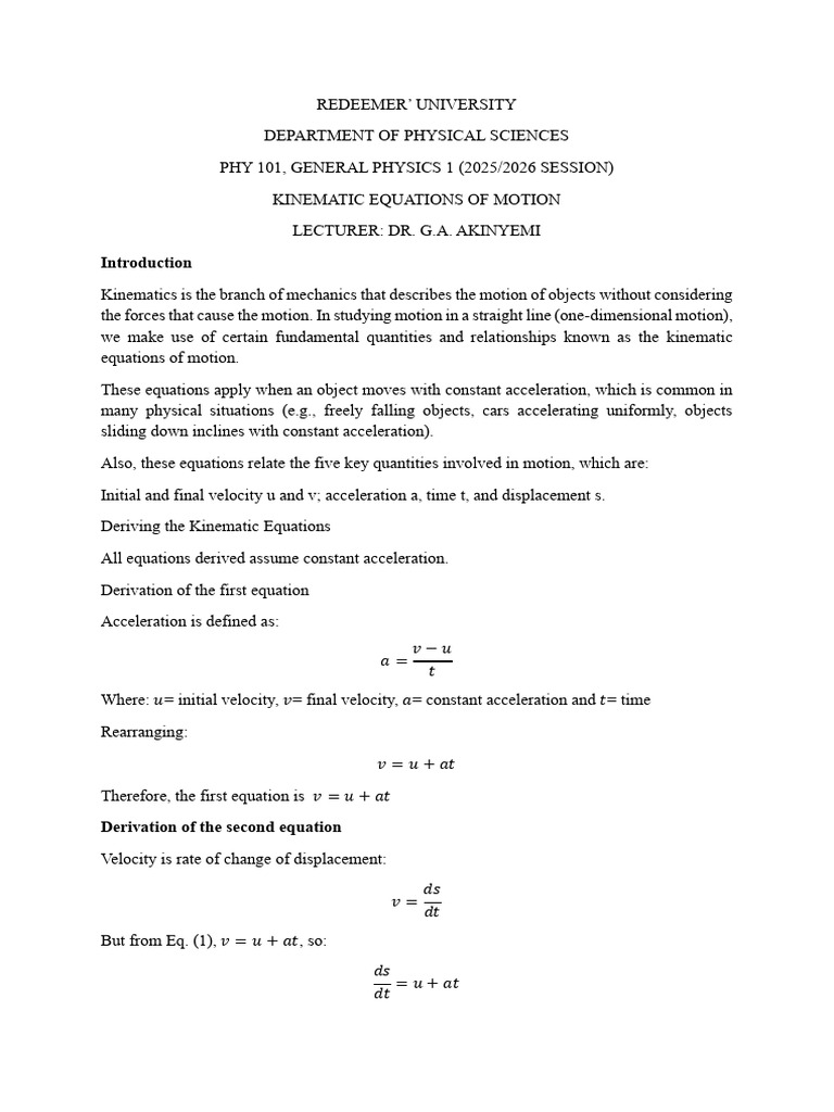 Kinematic Equations of Motion Explained | PDF | Acceleration | Kinematics