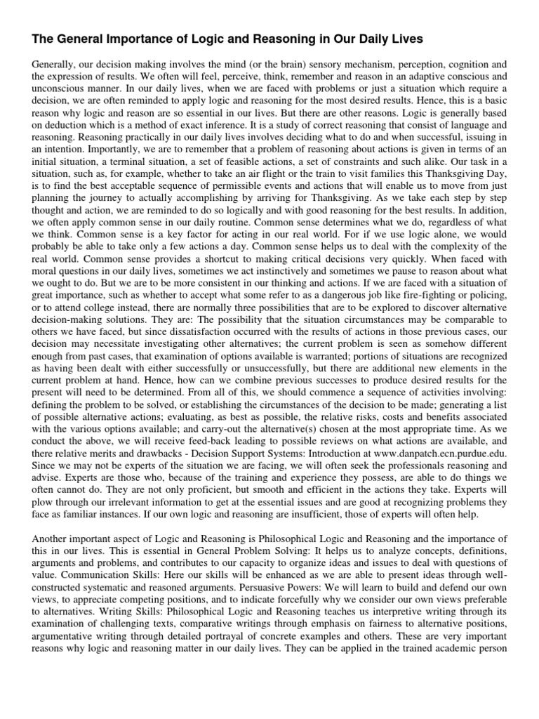 The General Importance of Logic and Reasoning in Our Daily Lives | PDF ...