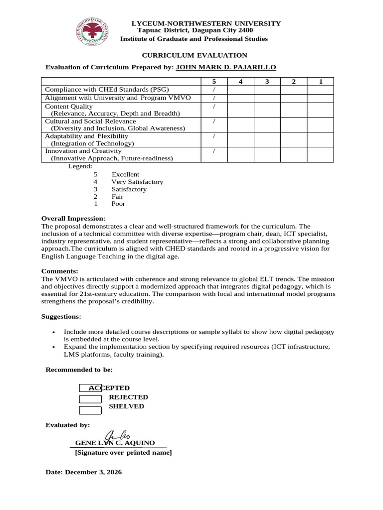 Curriculum Evaluation Form | PDF | Educational Technology | Curriculum