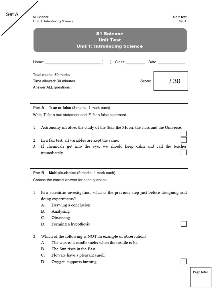 Sci_F1_U1 Test 1 (a) | PDF | Science