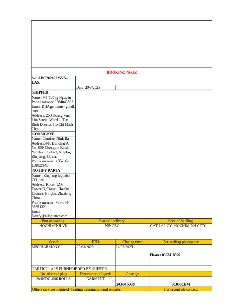 Shipping Booking Note: VN to China | PDF