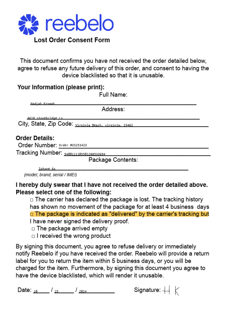 LXw8Yu-Lost Order Consent Form Copy | PDF