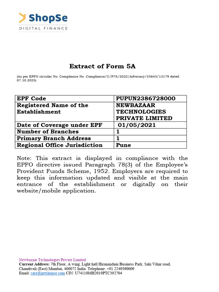 EPF Compliance Extract for Newbazaar Technologies | PDF