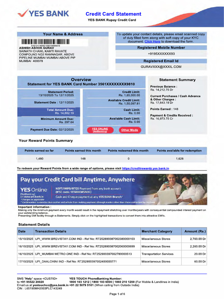 Credit Card-yes Bank | PDF