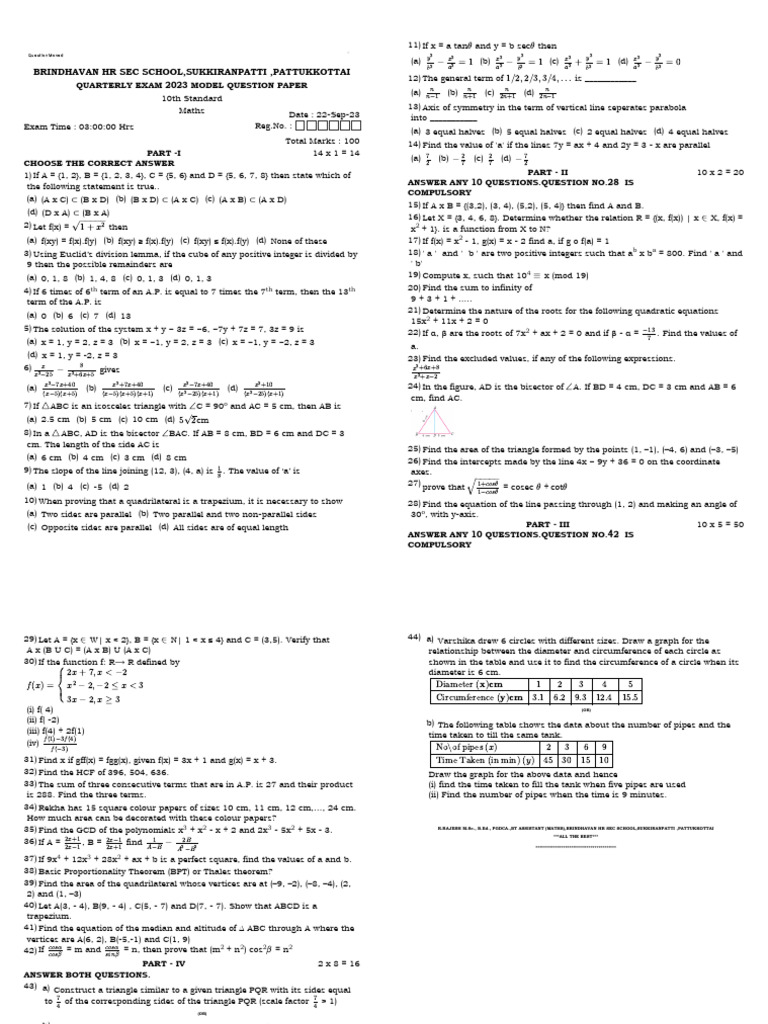 10th Maths EM Quarterly Exam 2023 Model Question Paper English Medium ...