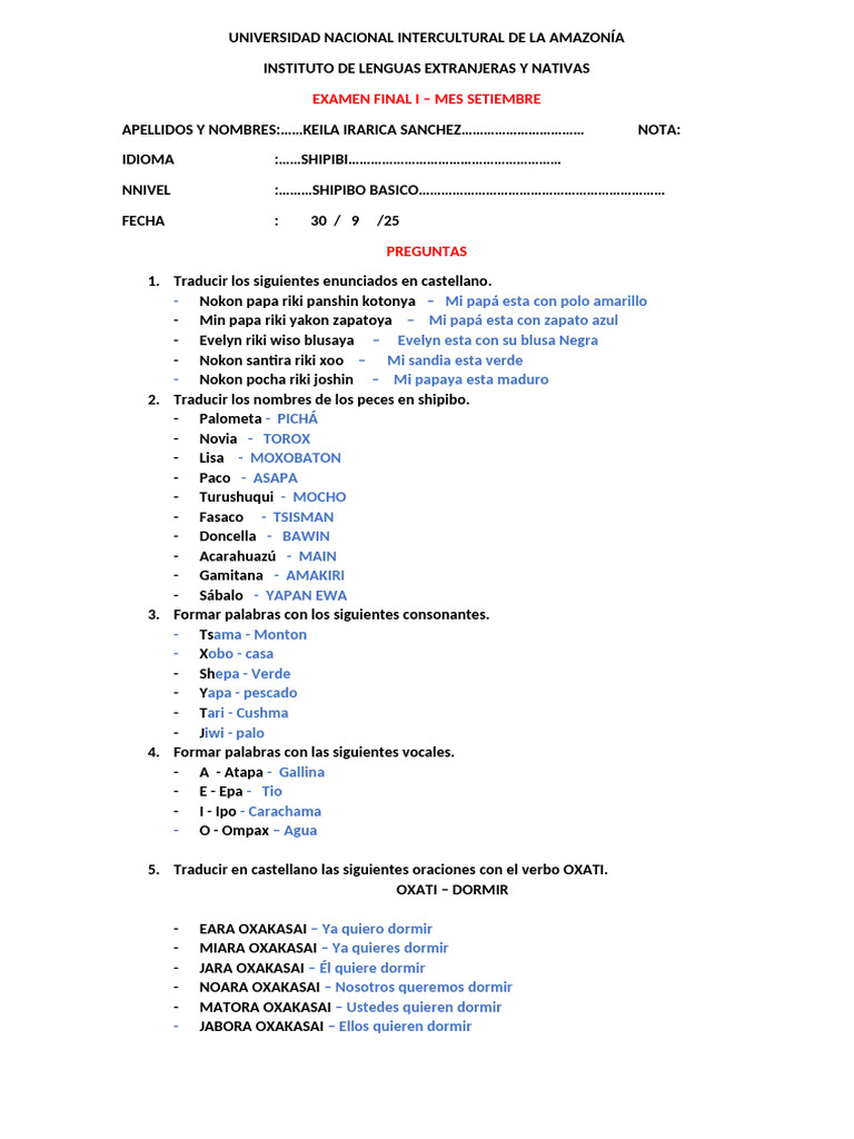 Examen Final Shipibo Mes Setiembre 2025. | PDF | Lingüística