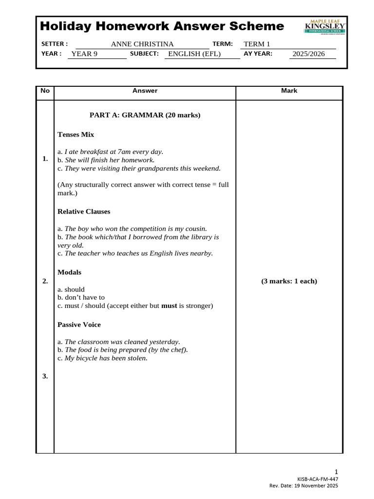 Holiday Homework Answer Scheme | PDF | Linguistics | Human Communication