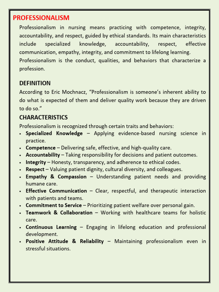 Key Characteristics of Nursing Professionalism | PDF | Nursing | Integrity