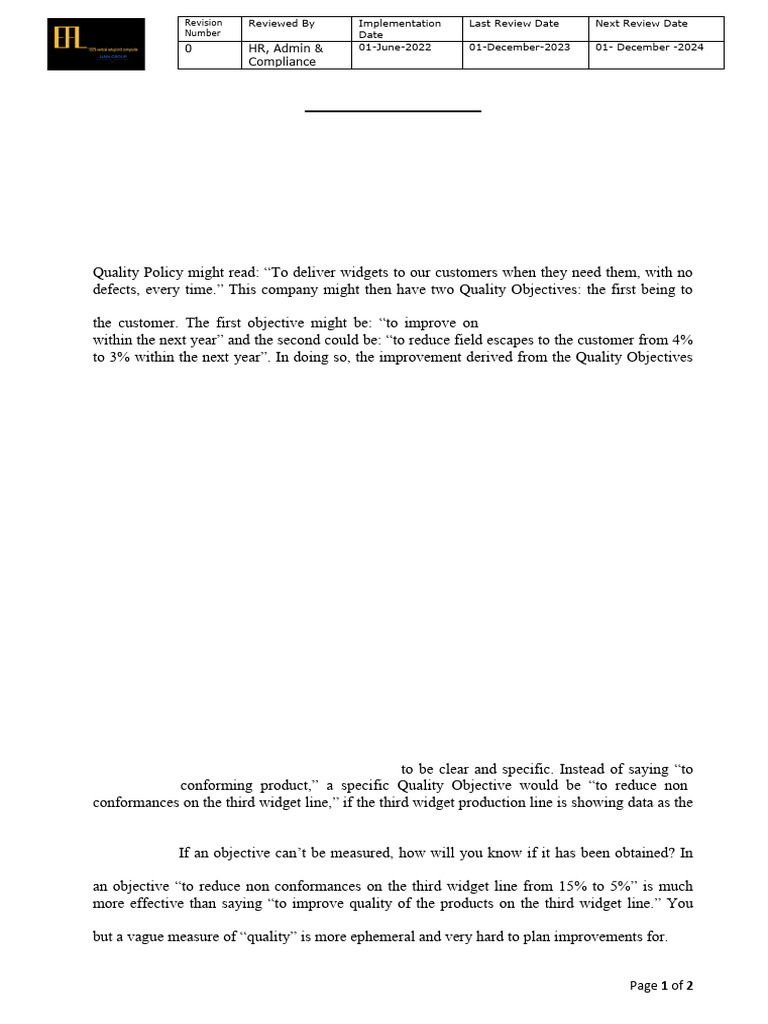 Effective Quality Objectives for Improvement | PDF | Performance ...